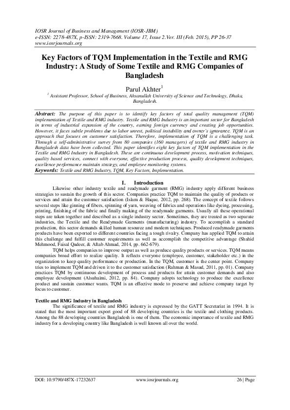 (PDF) Key Factors of TQM Implementation in the Textile and RMG Industry ...