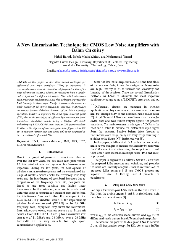 (PDF) A new linearization technique for CMOS low noise amplifiers with balun circuitry | babak ...