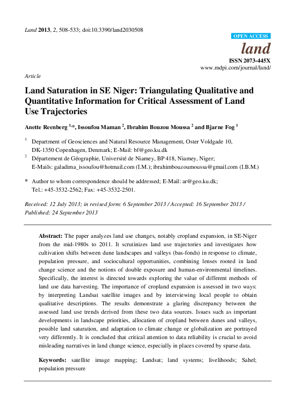 Land Saturation In Se Niger Triangulating Qualitative And Quantitative Information For Critical