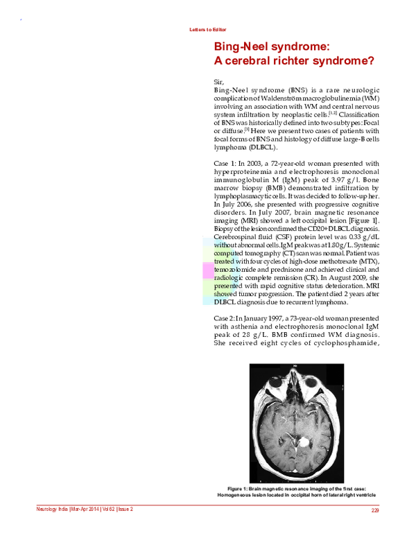 (PDF) Bing-Neel syndrome: A cerebral richter syndrome?