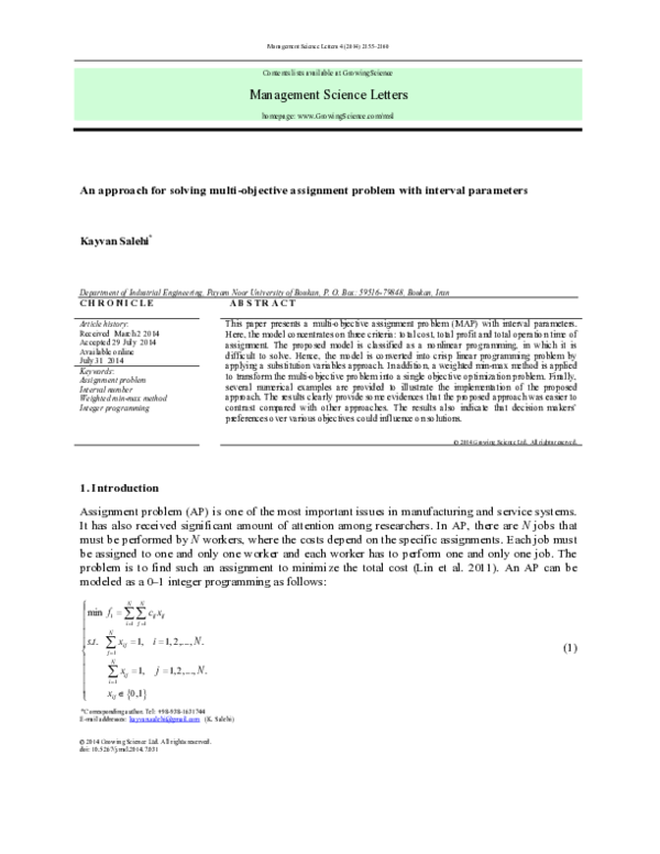 (PDF) An approach for solving multi-objective assignment problem with interval parameters
