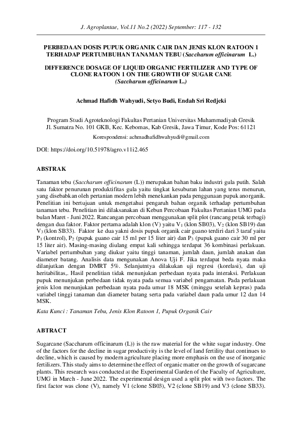 (PDF) PERBEDAAN DOSIS PUPUK ORGANIK CAIR DAN JENIS KLON RATOON 1 ...