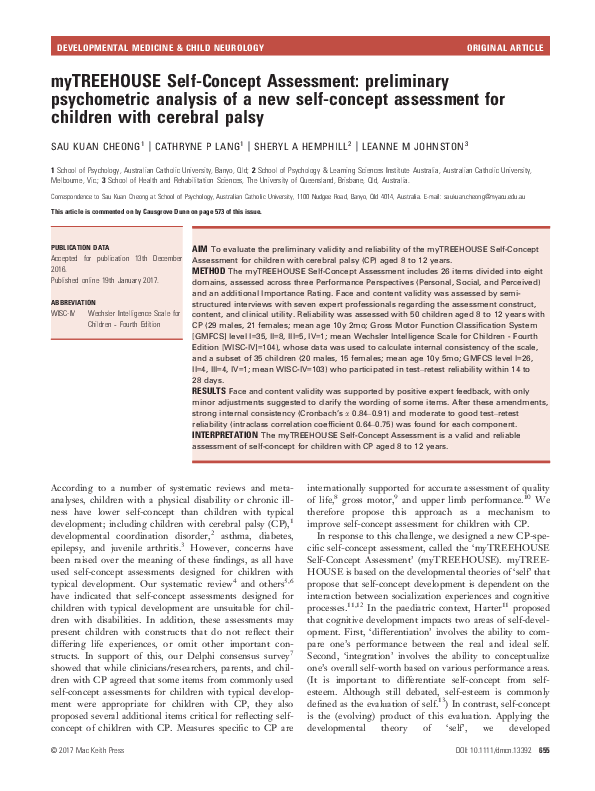 (PDF) myTREEHOUSE Self-Concept Assessment: preliminary psychometric ...