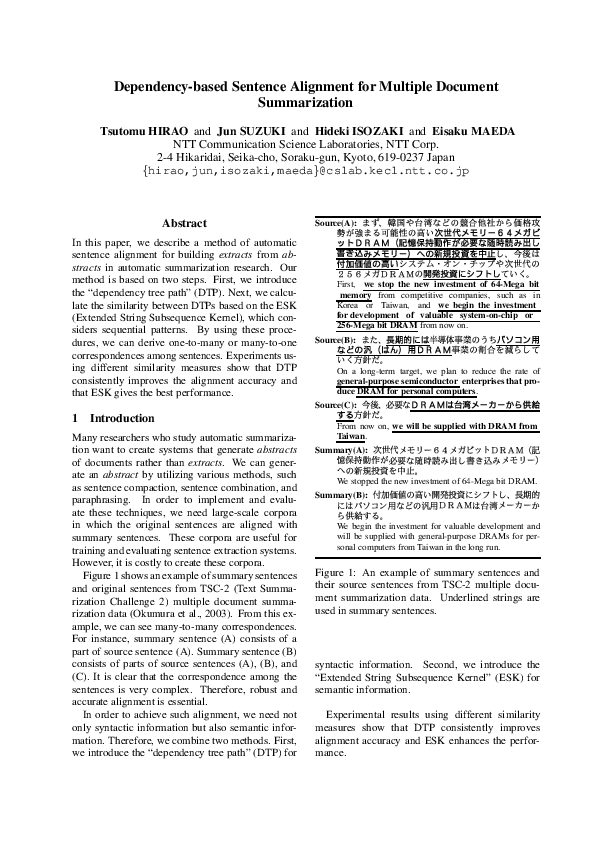 (PDF) Dependency-based sentence alignment for multiple document summarization