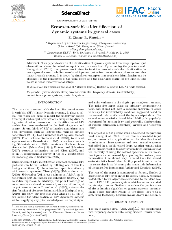 Pdf Errors In Variables Identification Of Dynamic Systems Excited By Arbitrary Non White Input