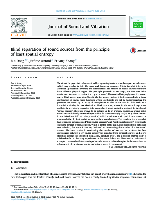 (PDF) Blind separation of sound sources from the principle of least spatial entropy