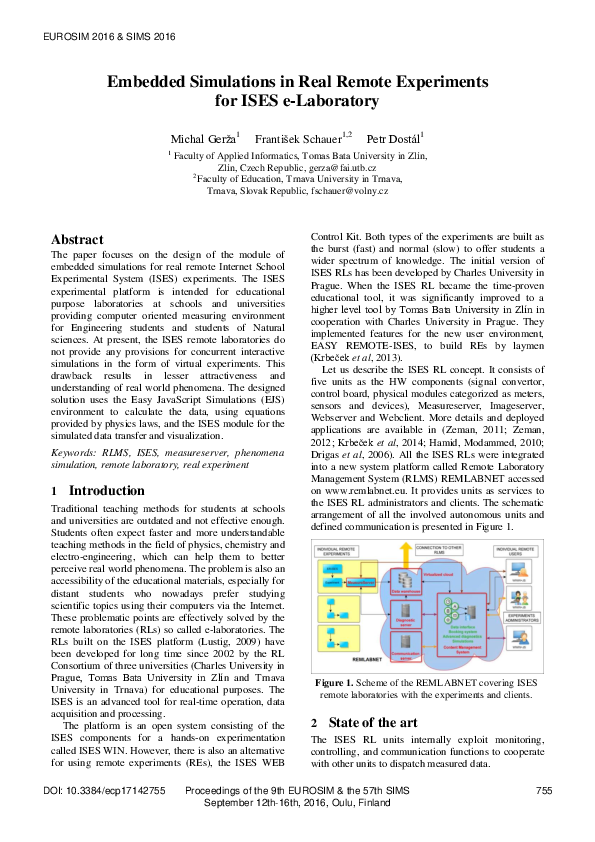 (PDF) Embedded Simulations in Real Remote Experiments for ISES e-Laboratory