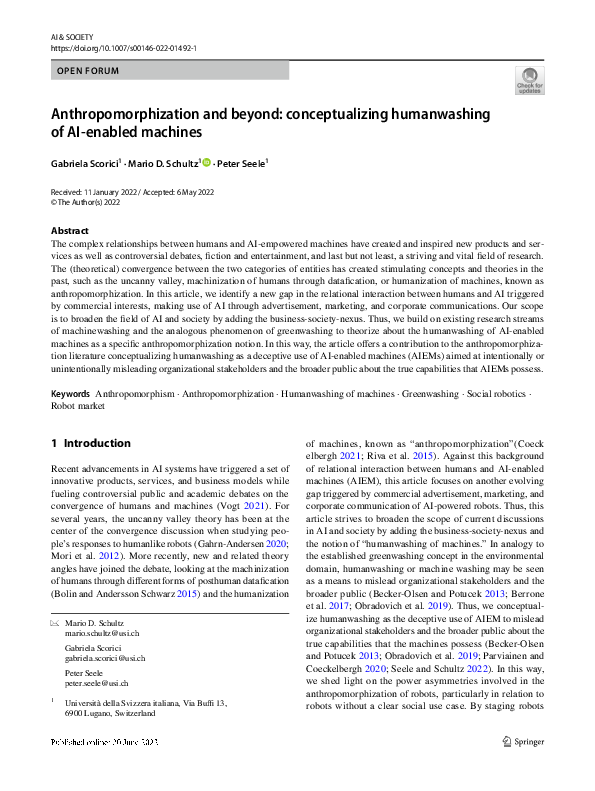 (PDF) Anthropomorphization and beyond: conceptualizing humanwashing of ...