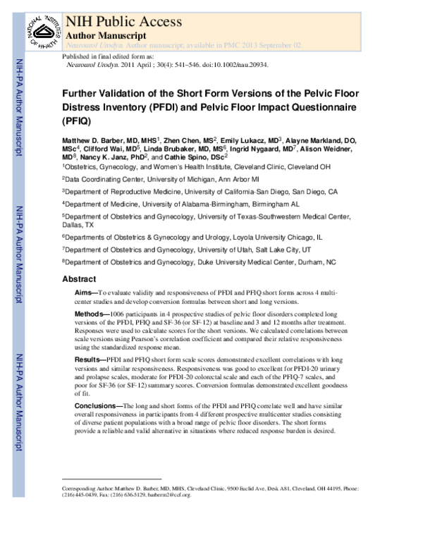 (PDF) Further validation of the short form versions of the pelvic floor ...