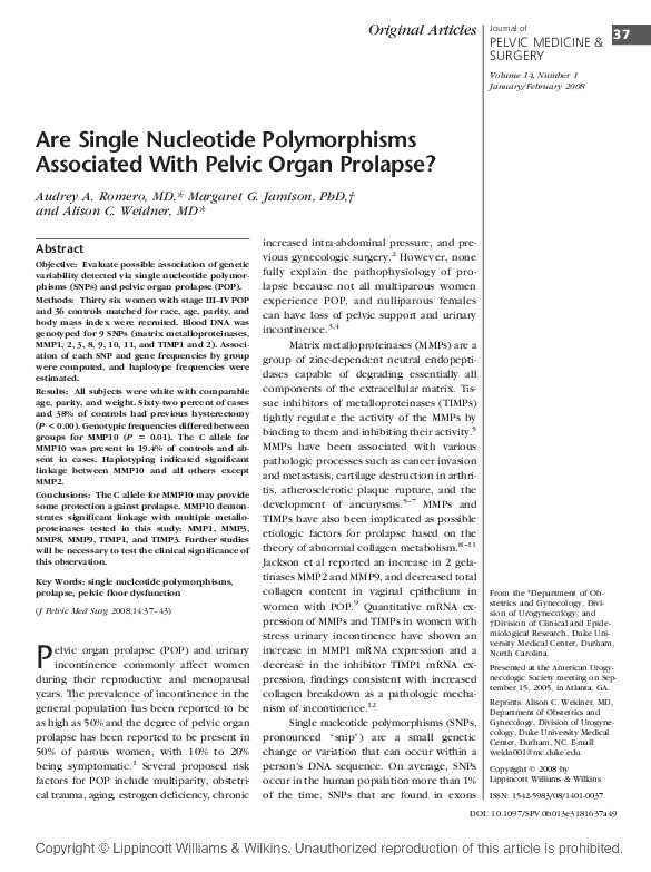 (PDF) Are Single Nucleotide Polymorphisms Associated With Pelvic Organ Prolapse?
