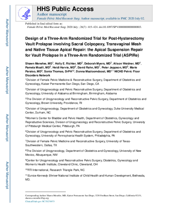 Pdf Design Of A 3 Arm Randomized Trial For Posthysterectomy Vault