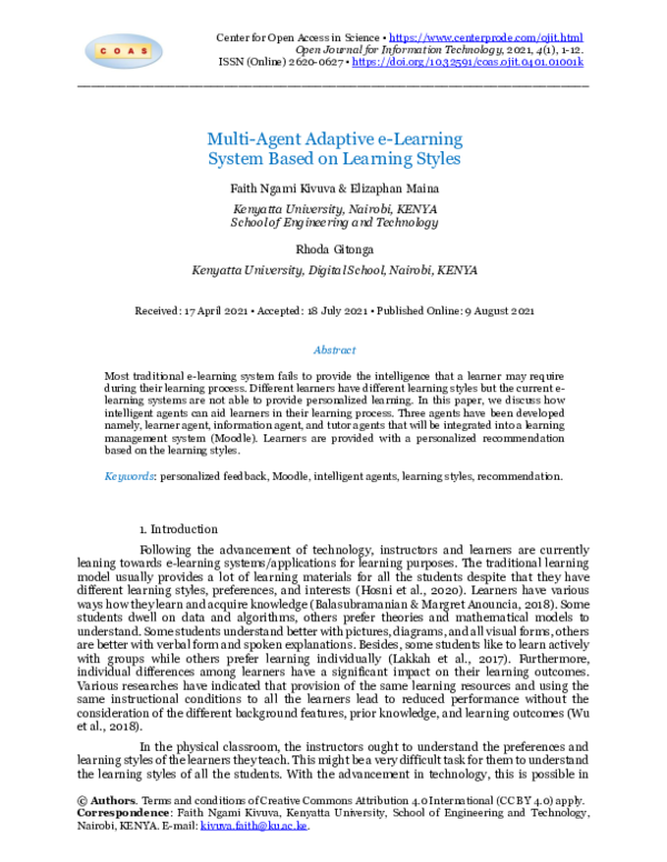 (PDF) Multi-Agent Adaptive e-Learning System Based on Learning Styles