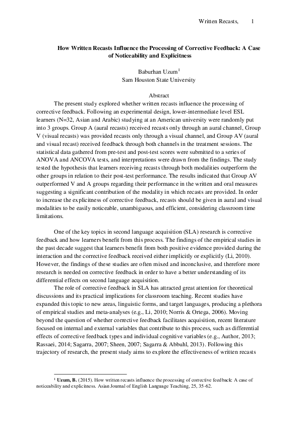 (PDF) How Written Recasts Influence the Processing of Corrective Feedback: A Case of ...