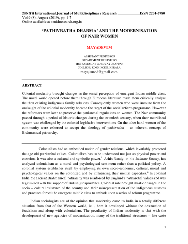 (PDF) 'PATHIVRATHA DHARMA' AND THE MODERNISATION OF NAIR WOMEN