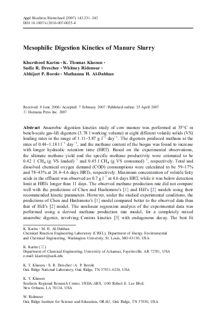 (PDF) Mesophilic Digestion Kinetics of Manure Slurry
