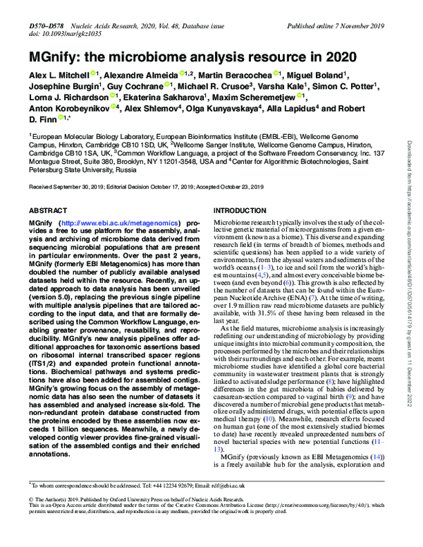 (PDF) MGnify: the microbiome analysis resource in 2020