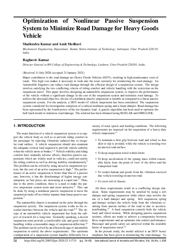 (PDF) Optimization of Nonlinear Passive Suspension System to Minimize Road Damage for Heavy ...