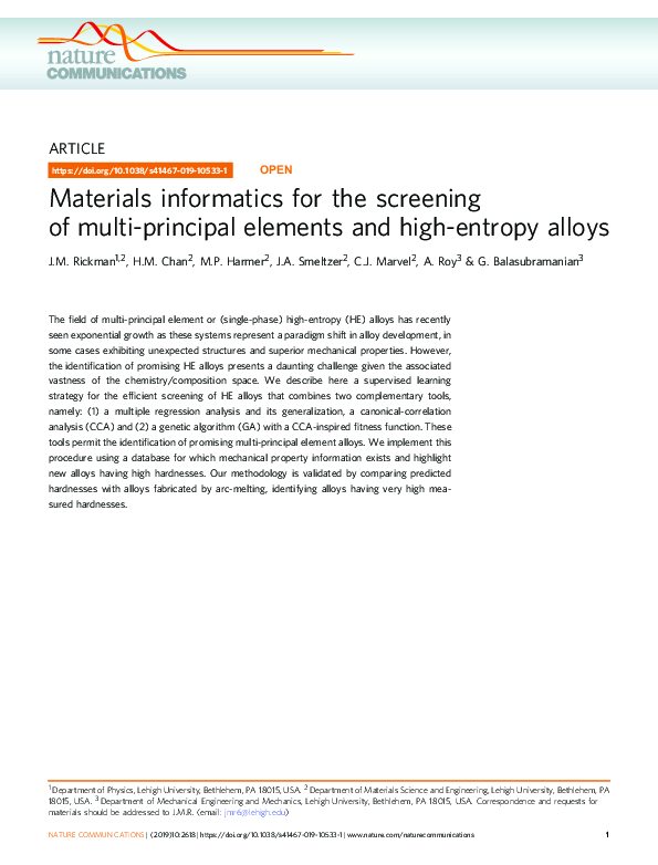 (PDF) Materials informatics for the screening of multi-principal elements and high-entropy alloys