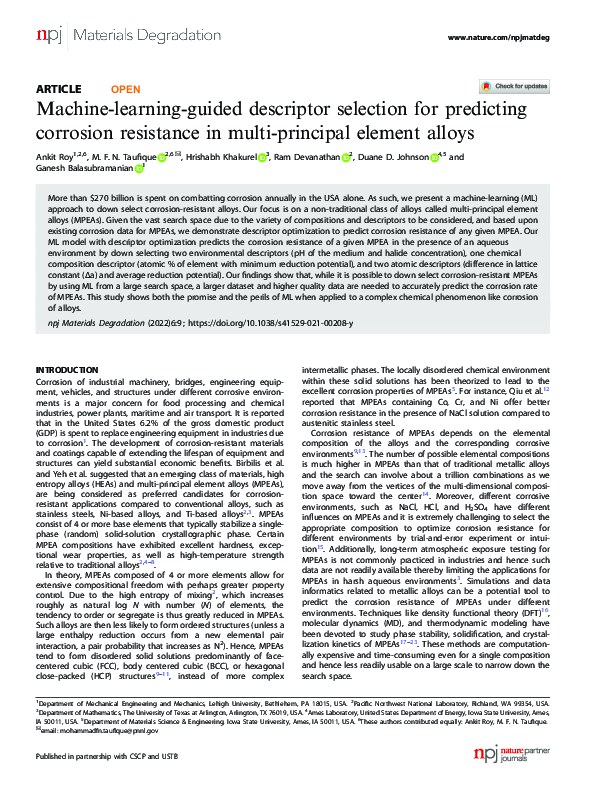 (PDF) Machine-learning-guided descriptor selection for predicting corrosion resistance in multi ...