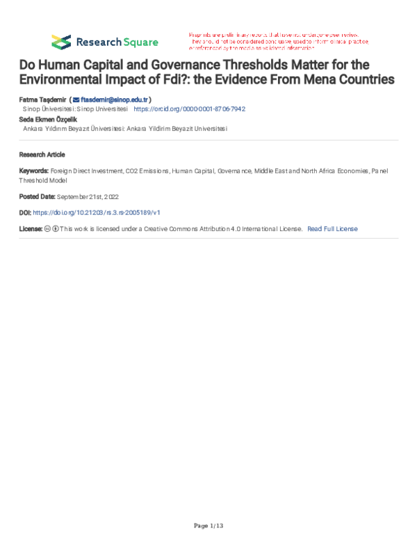 (PDF) Do Human Capital and Governance Thresholds Matter for the Environmental Impact of Fdi ...