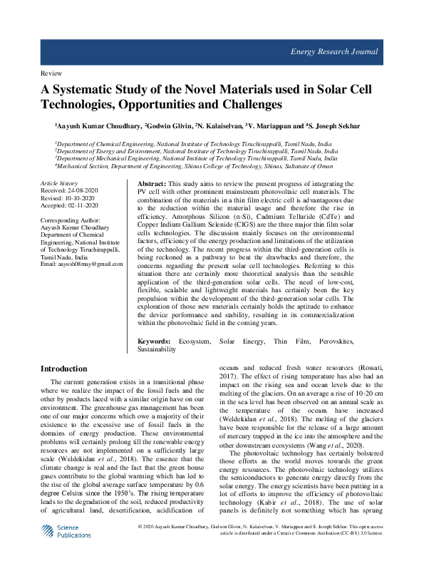 (PDF) A Systematic Study of the Novel Materials used in Solar Cell ...