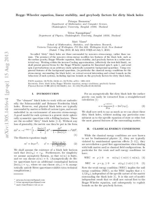 (PDF) Regge-Wheeler equation, linear stability, and greybody factors ...