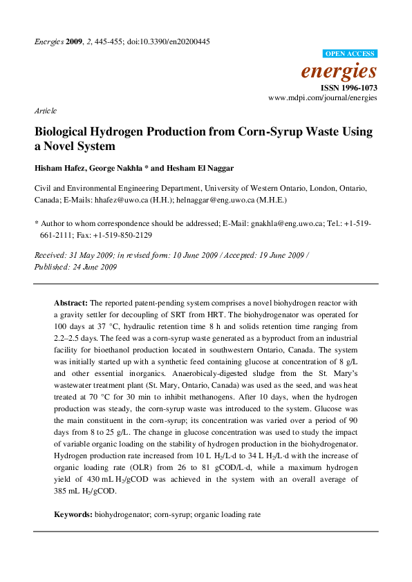 (PDF) Biological Hydrogen Production from Corn-Syrup Waste Using a ...