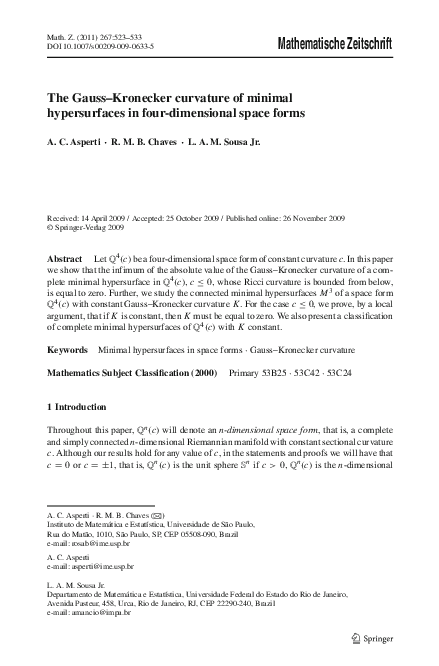 (PDF) The Gauss–Kronecker curvature of minimal hypersurfaces in four-dimensional space forms ...