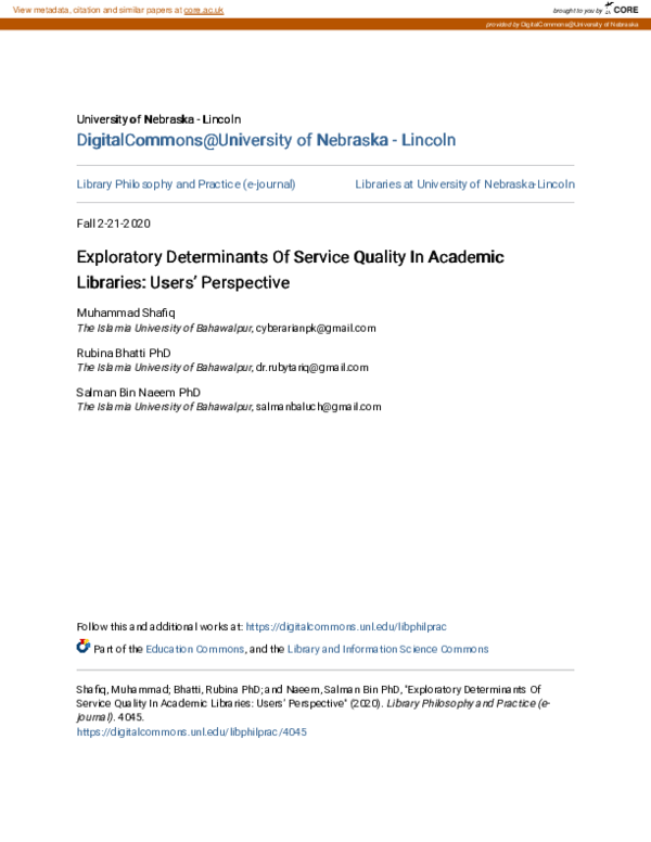 (PDF) Exploratory Determinants Of Service Quality In Academic Libraries: Users’ Perspective