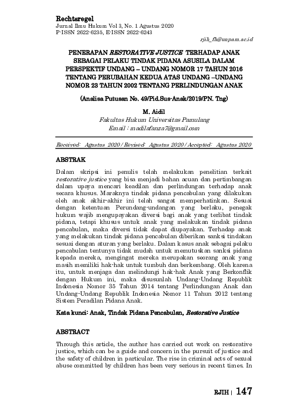 (PDF) PENERAPAN RESTORATIVE JUSTICE TERHADAP ANAK SEBAGAI PELAKU TINDAK PIDANA ASUSILA DALAM ...