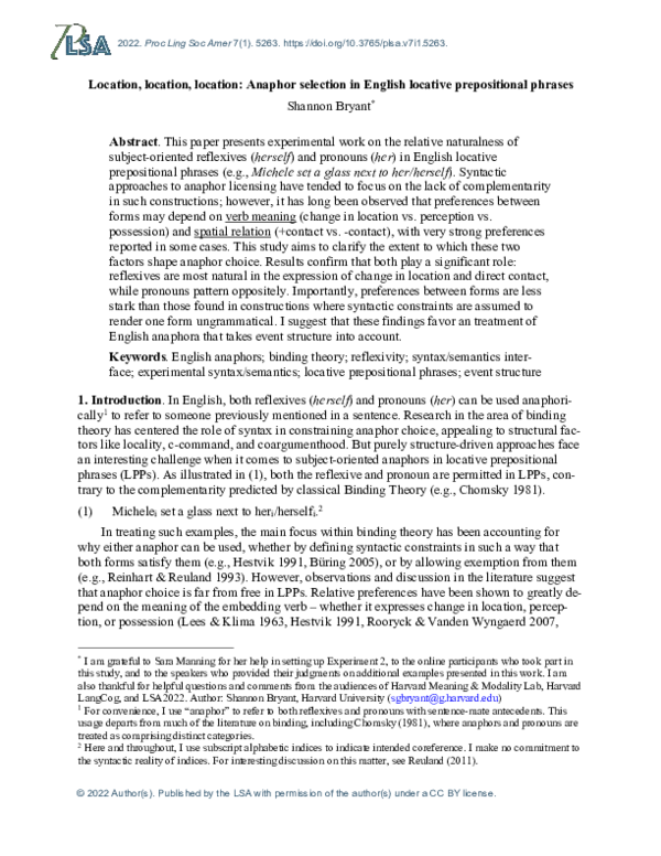 (PDF) Location, location, location: Anaphor selection in English ...