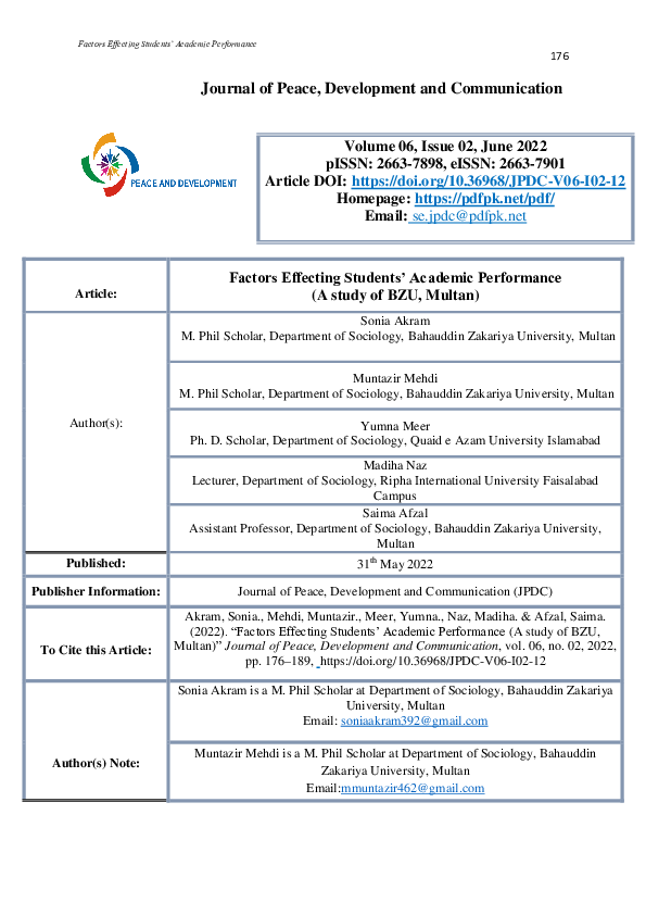 (PDF) Factors Effecting Students' Academic Performance (A study of BZU, Multan