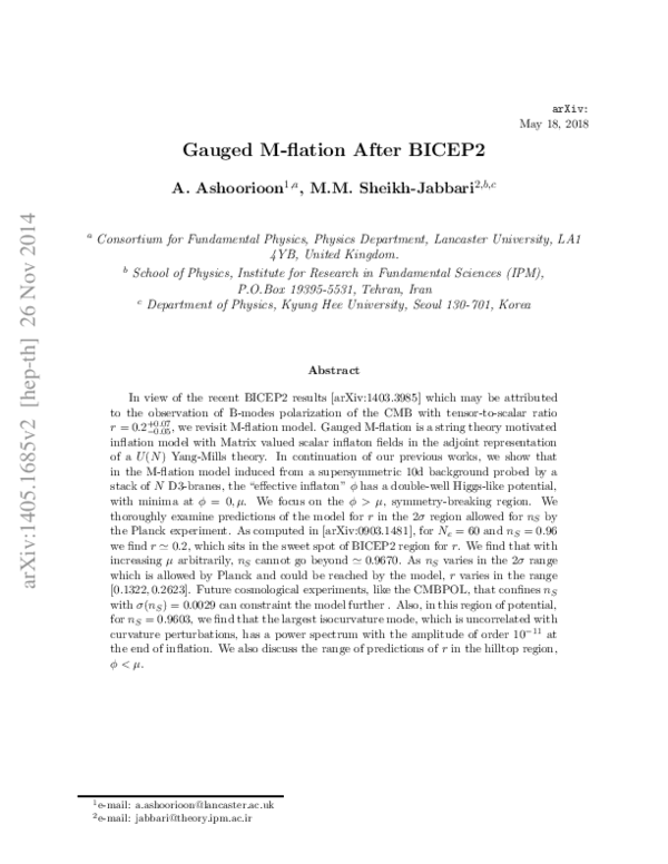 (PDF) Gauged M-flation after BICEP2 | Shahin Sheikh-Jabbari - Academia.edu