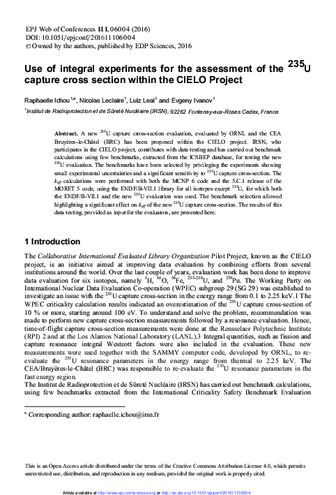 Pdf Use Of Integral Experiments For The Assessment Of The235u Capture Cross Section Within The