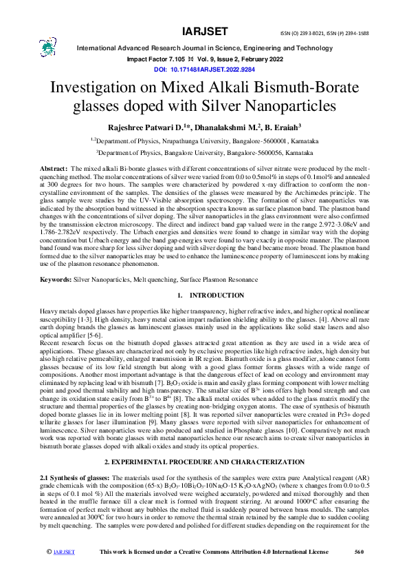 (PDF) Investigation on Mixed Alkali Bismuth-Borate glasses doped with Silver Nanoparticles