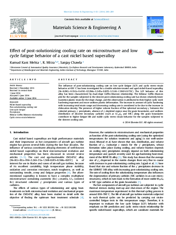 (PDF) Effect of post-solutionizing cooling rate on microstructure and low cycle fatigue behavior ...