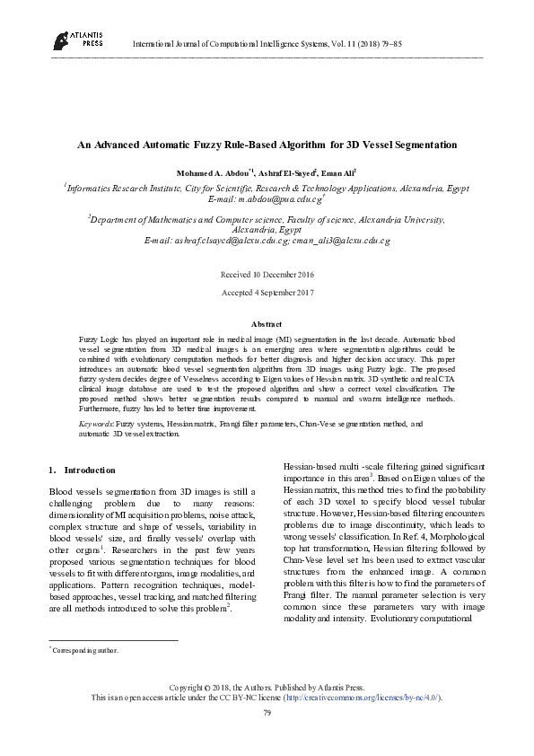 Pdf An Advanced Automatic Fuzzy Rule Based Algorithm For 3d Vessel