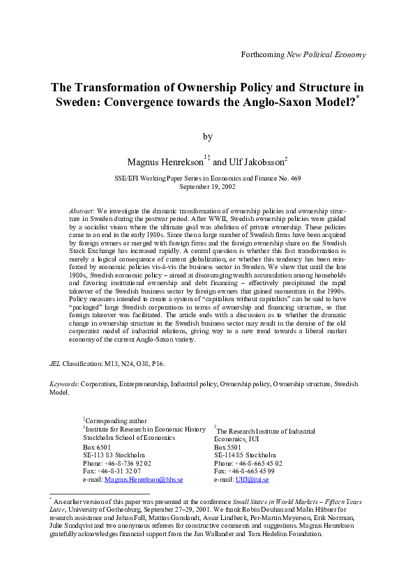 (PDF) The Transformation of Ownership Policy and Structure in Sweden ...