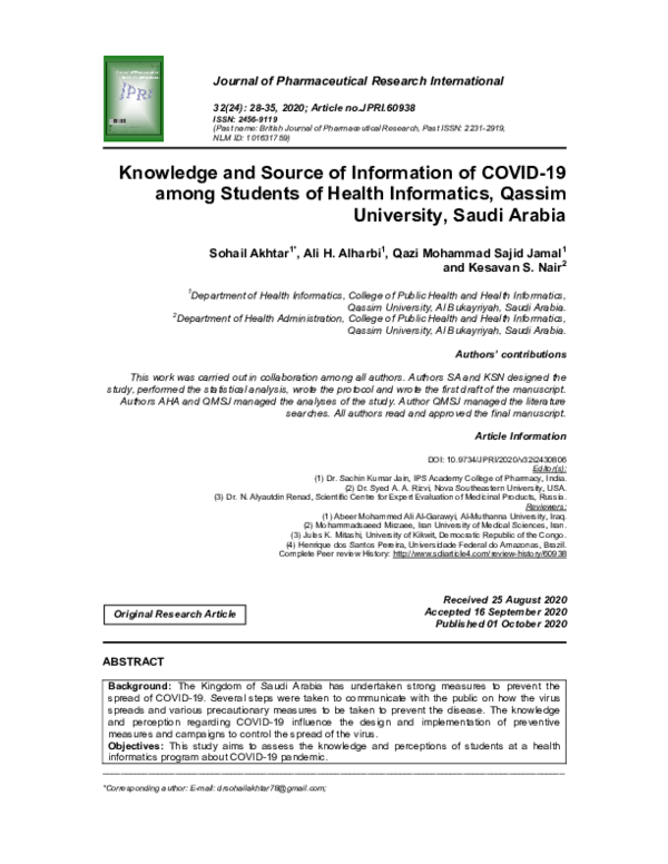 (PDF) Knowledge and Source of Information of COVID-19 among Students of ...