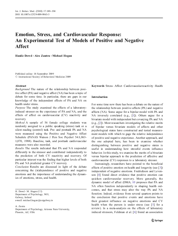 (PDF) Emotion, Stress, and Cardiovascular Response: An Experimental ...