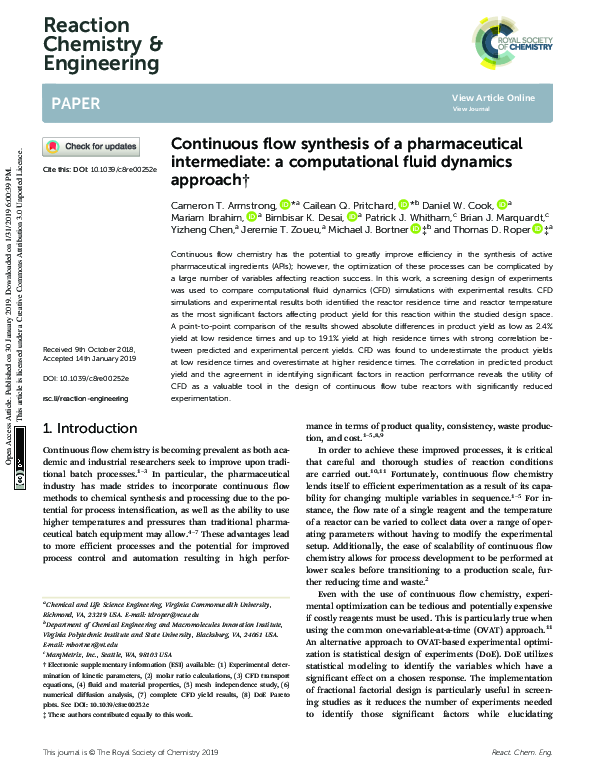 (PDF) Continuous flow synthesis of a pharmaceutical intermediate: a computational fluid dynamics ...