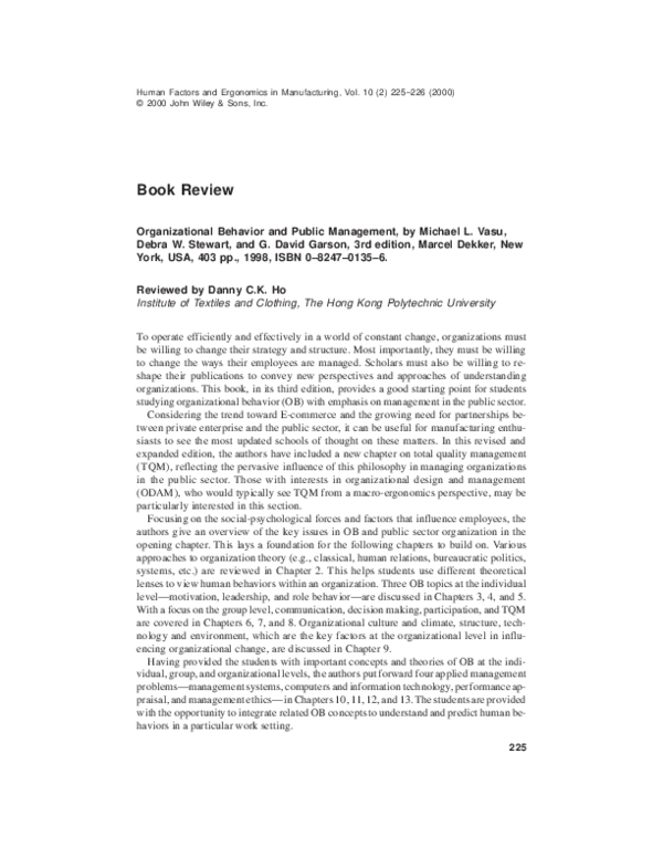 (PDF) Organizational Behavior and Public Management, by Michael L. Vasu ...