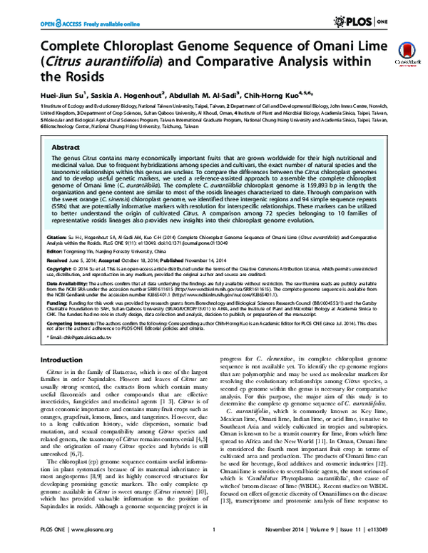 (PDF) Complete chloroplast genome sequence of Omani lime (Citrus aurantiifolia) and comparative ...