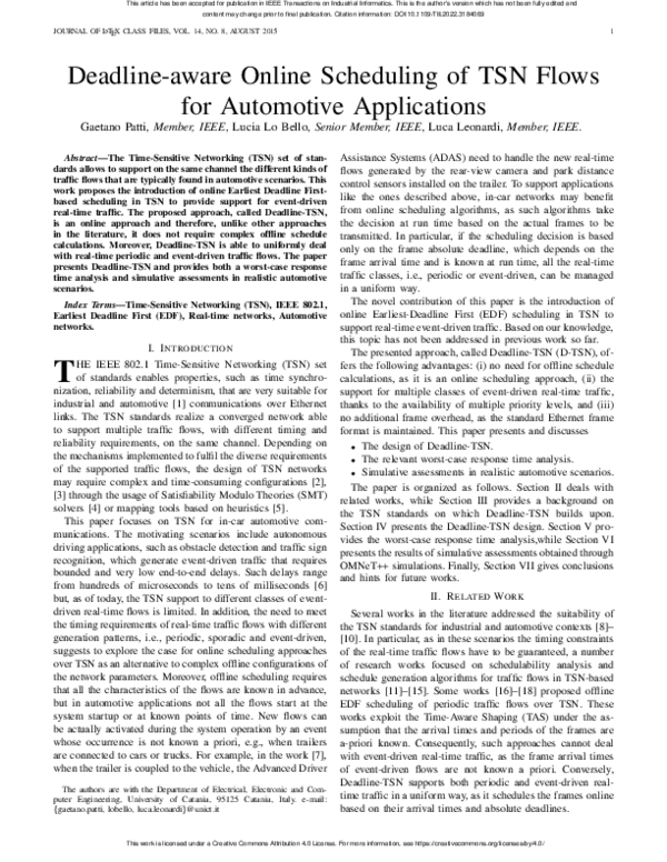 (PDF) Deadline-Aware Online Scheduling of TSN Flows for Automotive Applications