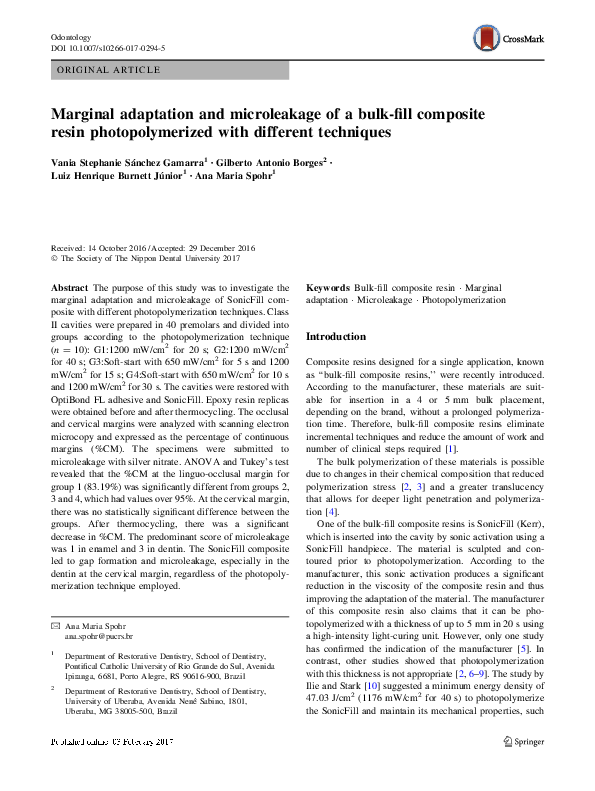 Pdf Marginal Adaptation And Microleakage Of A Bulk Fill Composite Resin Photopolymerized With