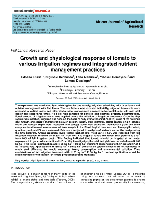 (PDF) Tomato Yield Response to Irrigation and Nutrients