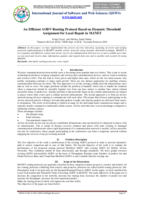 Pdf An Efficient Aodv Routing Protocol Based On Dynamic Threshold Assignment For Local Repair