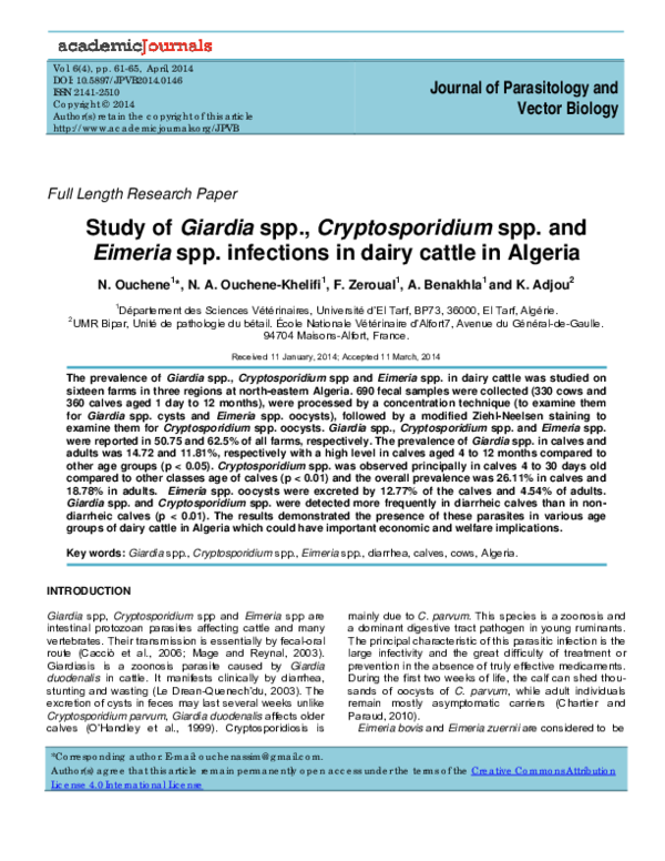 (PDF) Study of Giardia spp., Cryptosporidium spp. and Eimeria spp ...