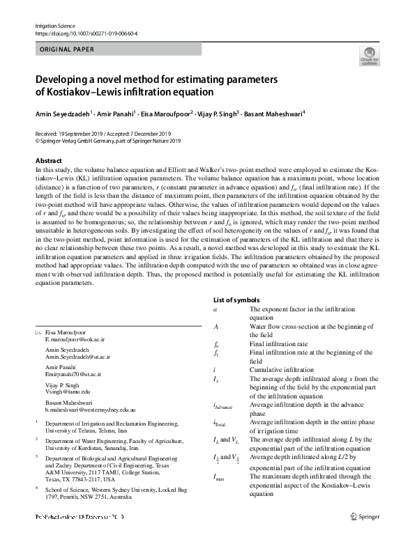 (PDF) Developing a novel method for estimating parameters of Kostiakov–Lewis infiltration equation