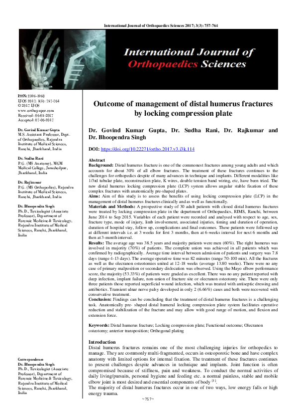 (PDF) Outcome of management of distal humerus fractures by locking compression plate